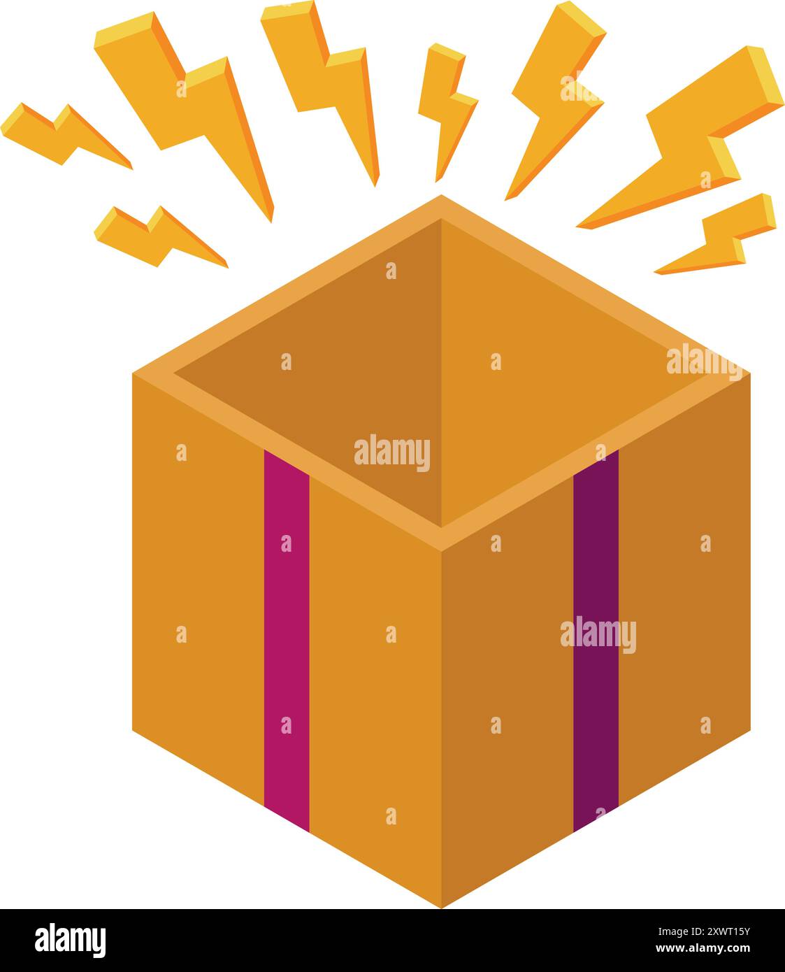 Open yellow gift box with lightnings coming out, surprise concept Stock ...