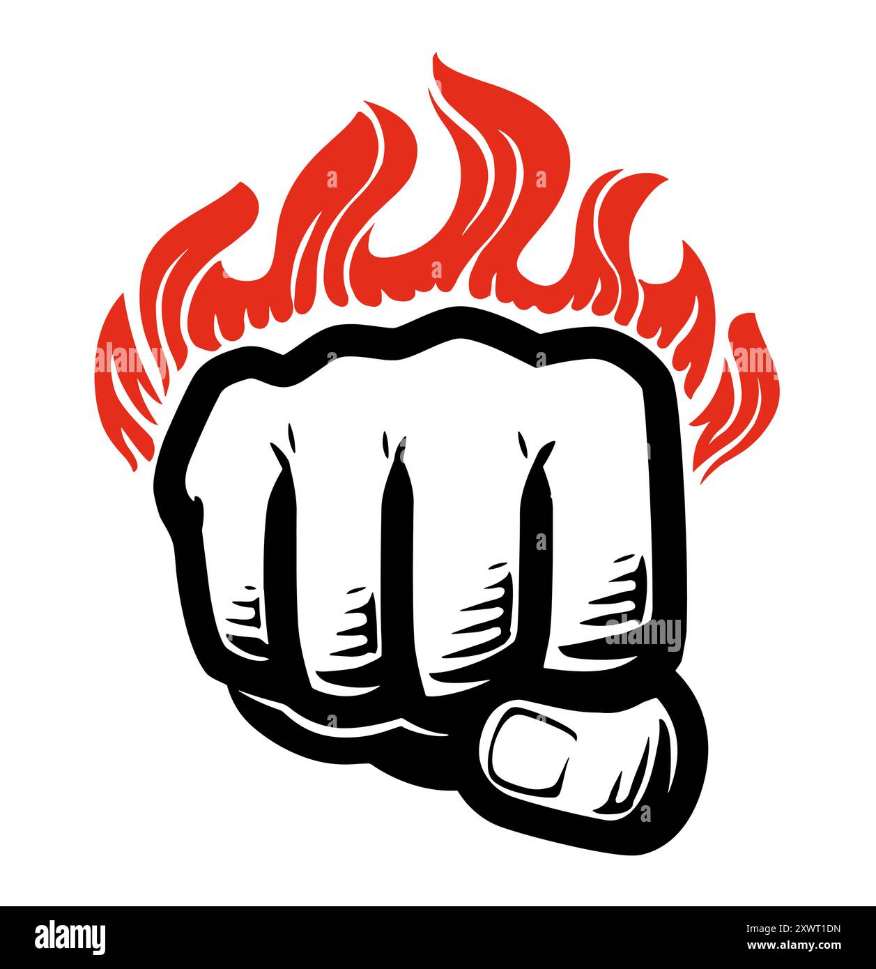 Strong punch. Flaming fist punching emblem or symbol. Hand drawn vector ...