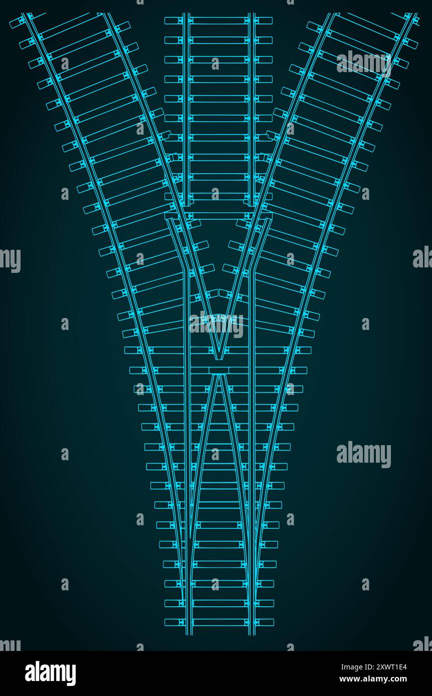 Stylized vector illustrations of blueprints of a fork in the railway ...