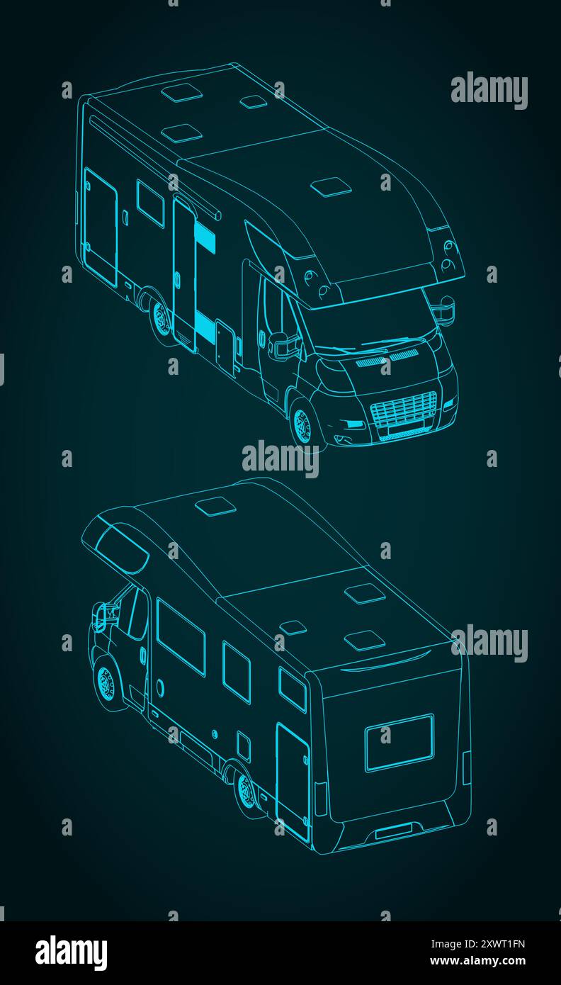Stylized vector illustrations of isometric blueprints of a camper van ...