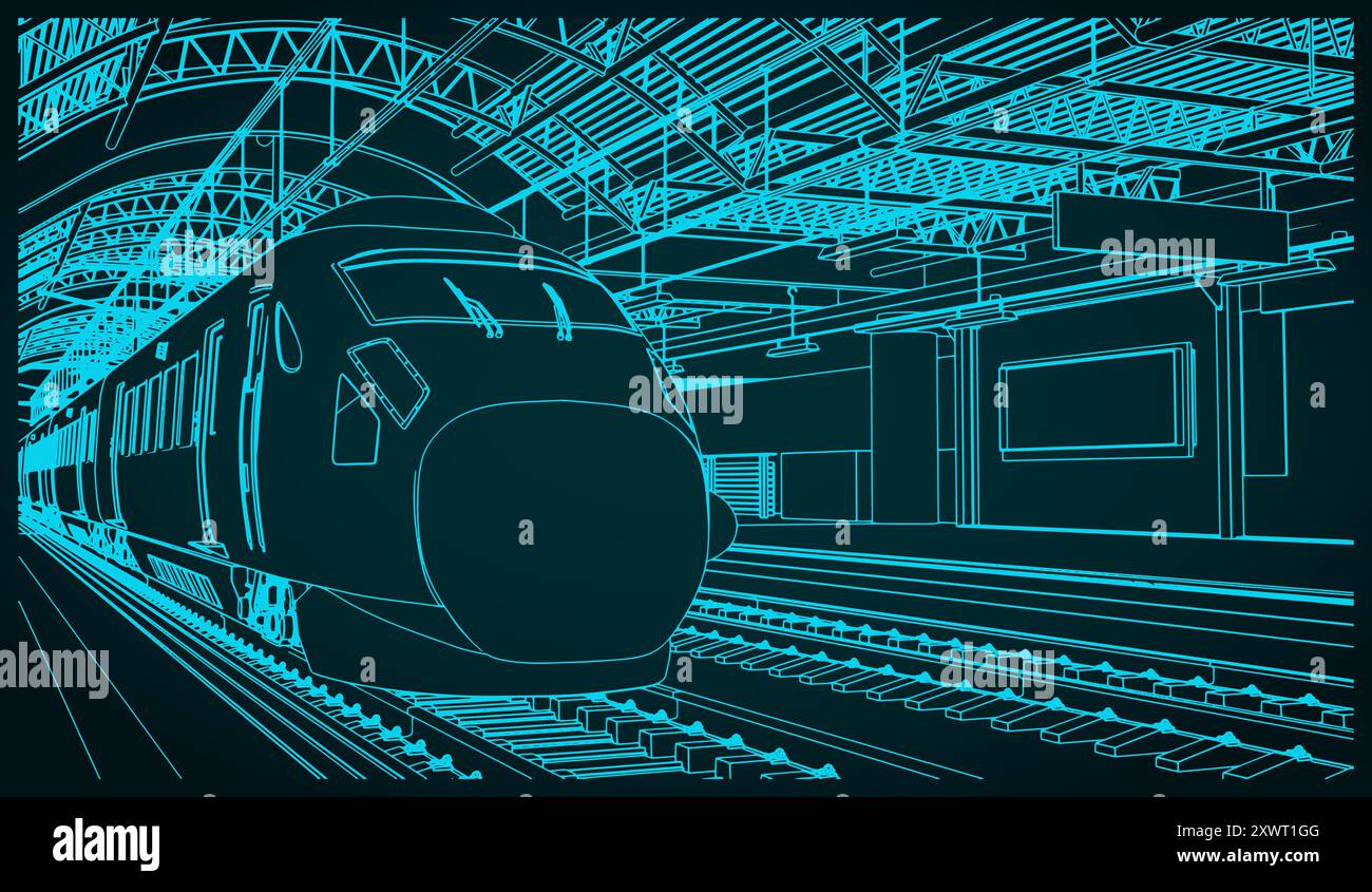 Stylized vector illustration of a railway station with a high-speed ...