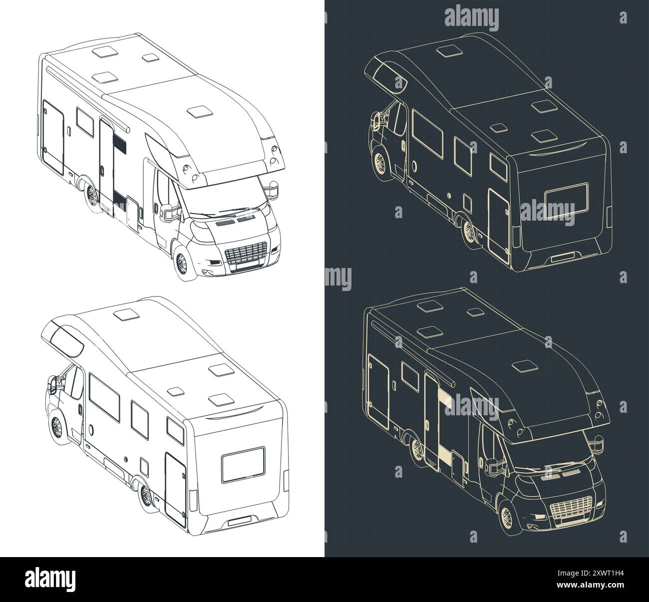 Stylized vector illustrations of isometric technical drawings of a ...
