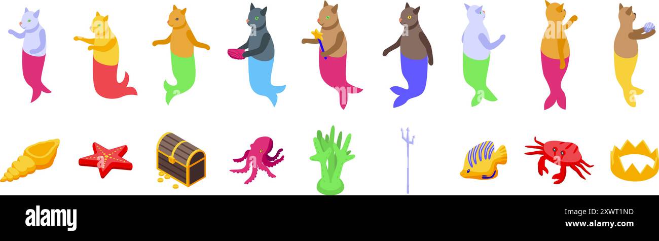 Mermaid cats icons set. Cat mermaids posing underwater with sea ...