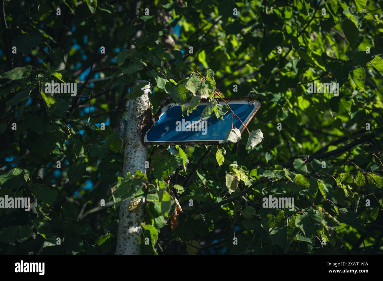 A curved kilometer road sign on the road. The number 4 on the road sign ...