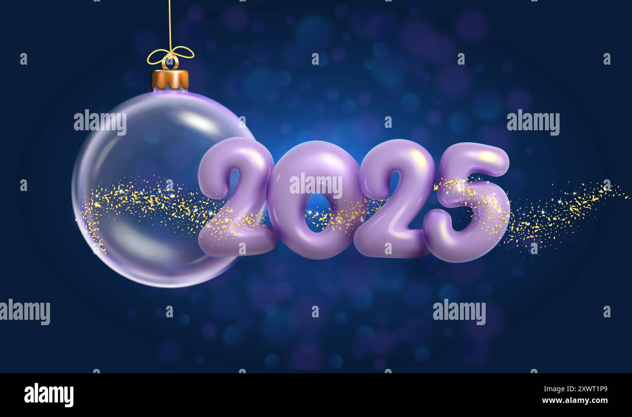 Happy New Year 2025. Purple 3D numbers, transparent Christmas ball ...