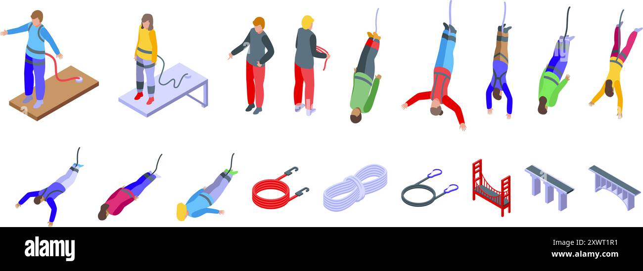 Jumping down bungee cord icons set. People are jumping from a bridge with bungee jumping ...