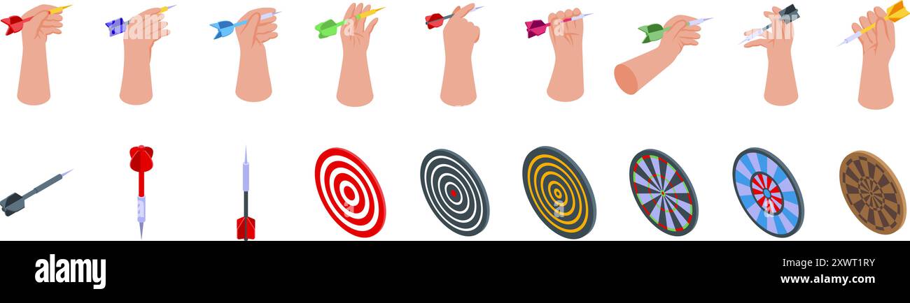 Hand Holds Dart Icons Set Set Of Icons Representing The Game Of Darts Showing Different Ways