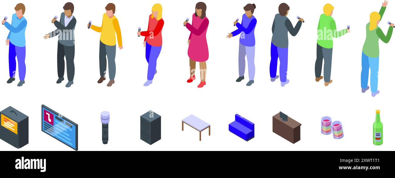 People karaoke icons set. This colorful isometric set features people ...