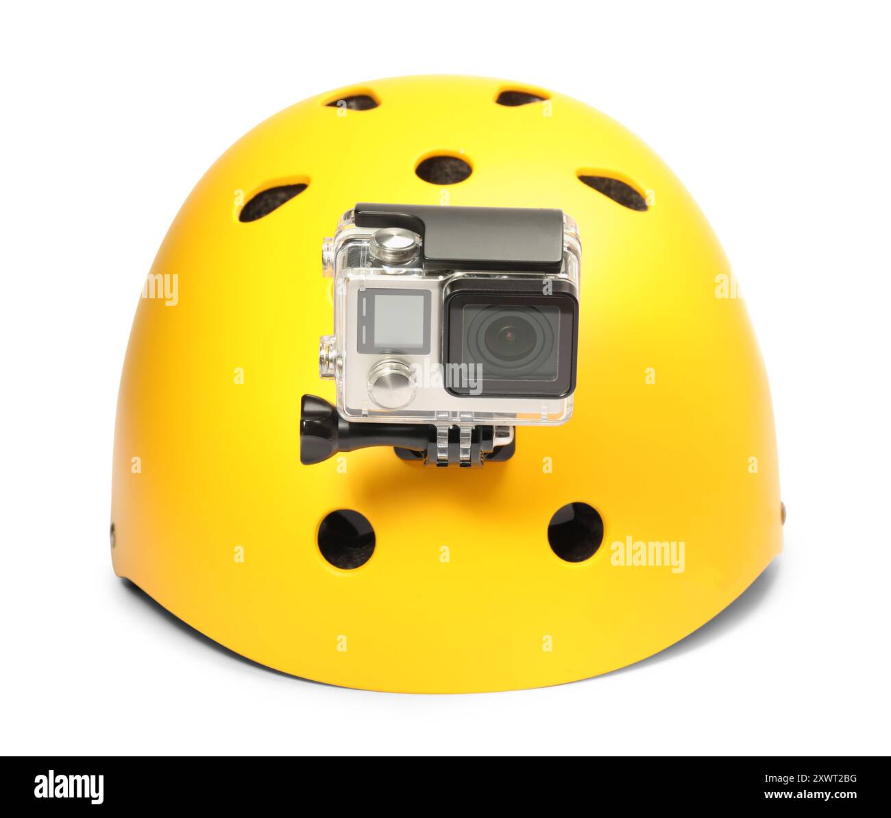 Modern action camera on helmet against white background Stock Photo - Alamy