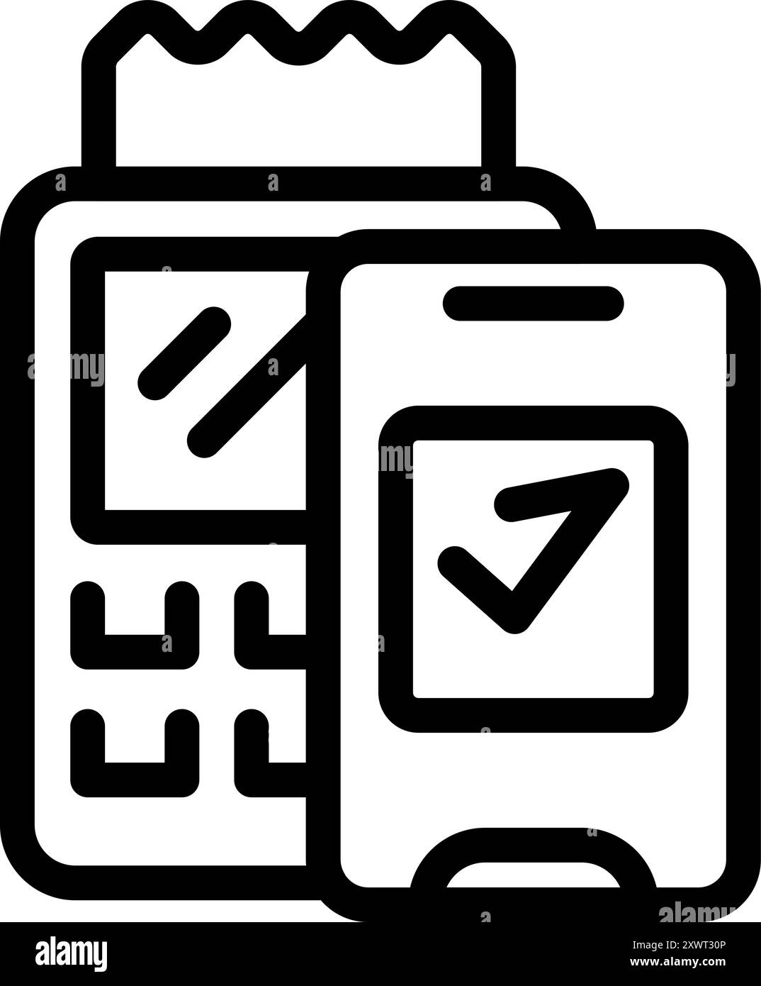 Line art vector icon of a smartphone making a mobile payment on a pos ...