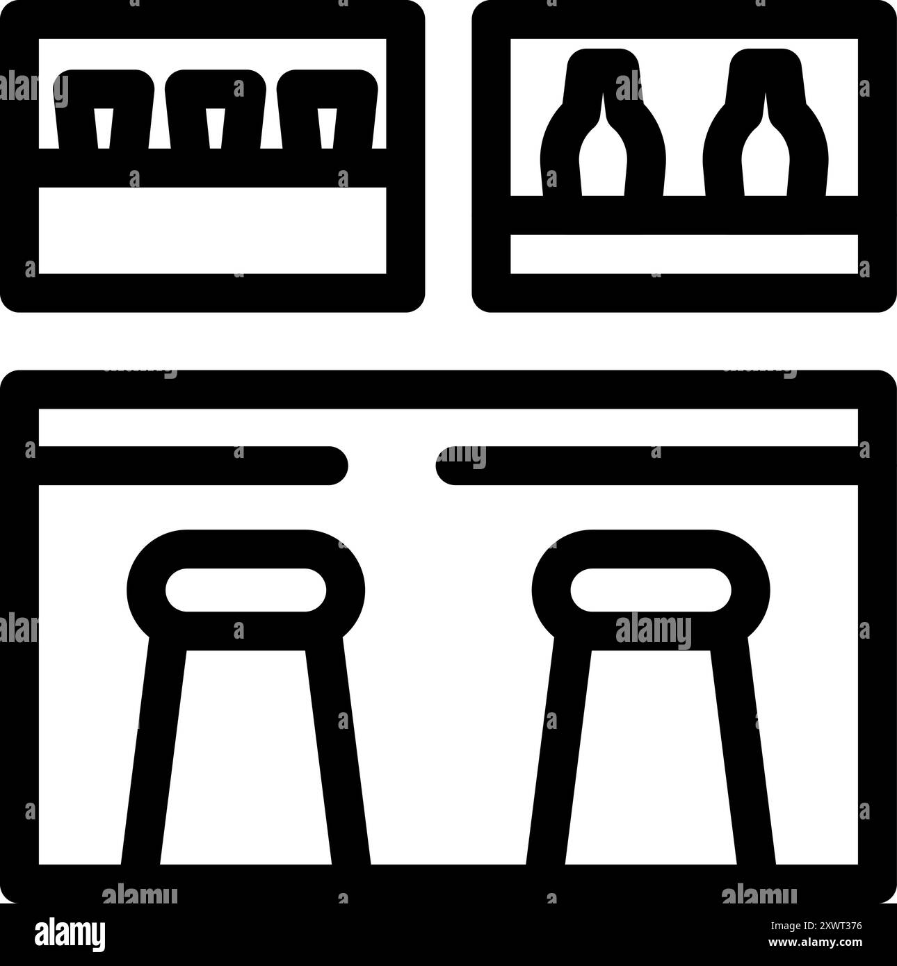 Bar counter with stools and shelves holding alcohol bottles line art ...