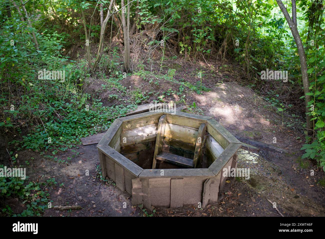 An old wooden well located in a secluded forest glade, representing ...