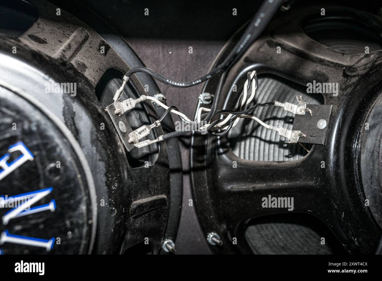Detailed image of wires and connections inside a speaker system ...