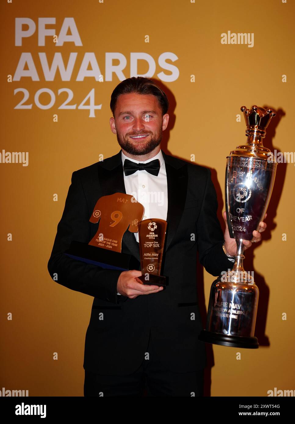 Alfie May with his PFA League One Player of the Year trophy during the ...