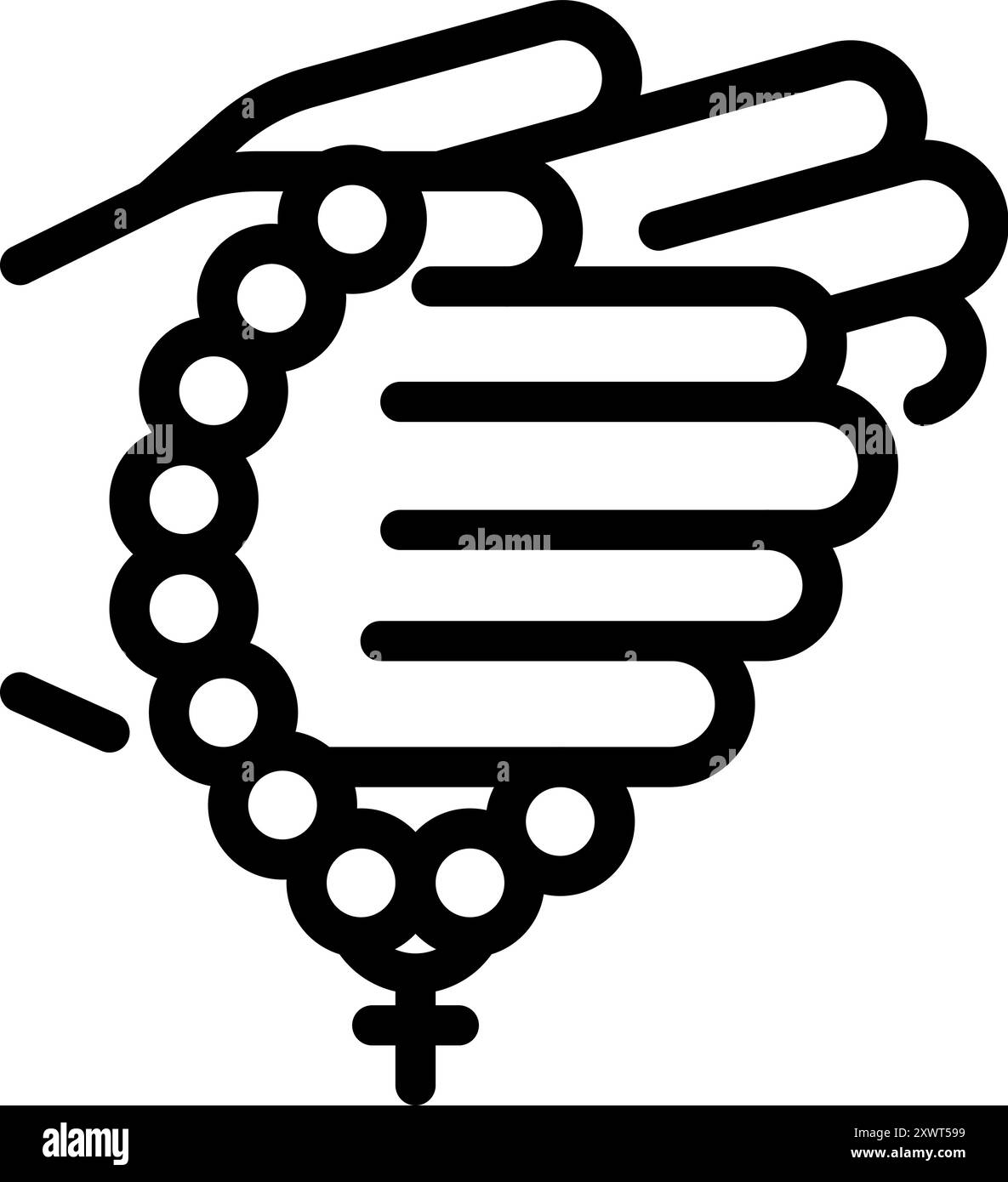 Line drawing of two hands clasped together holding a rosary with a ...