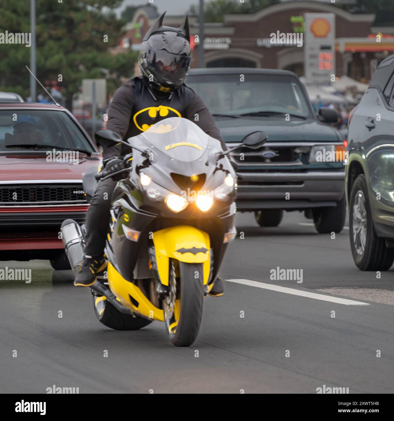 ROYAL OAK, MI/USA - AUGUST 15, 2024: Batman riding Batcycle at the ...