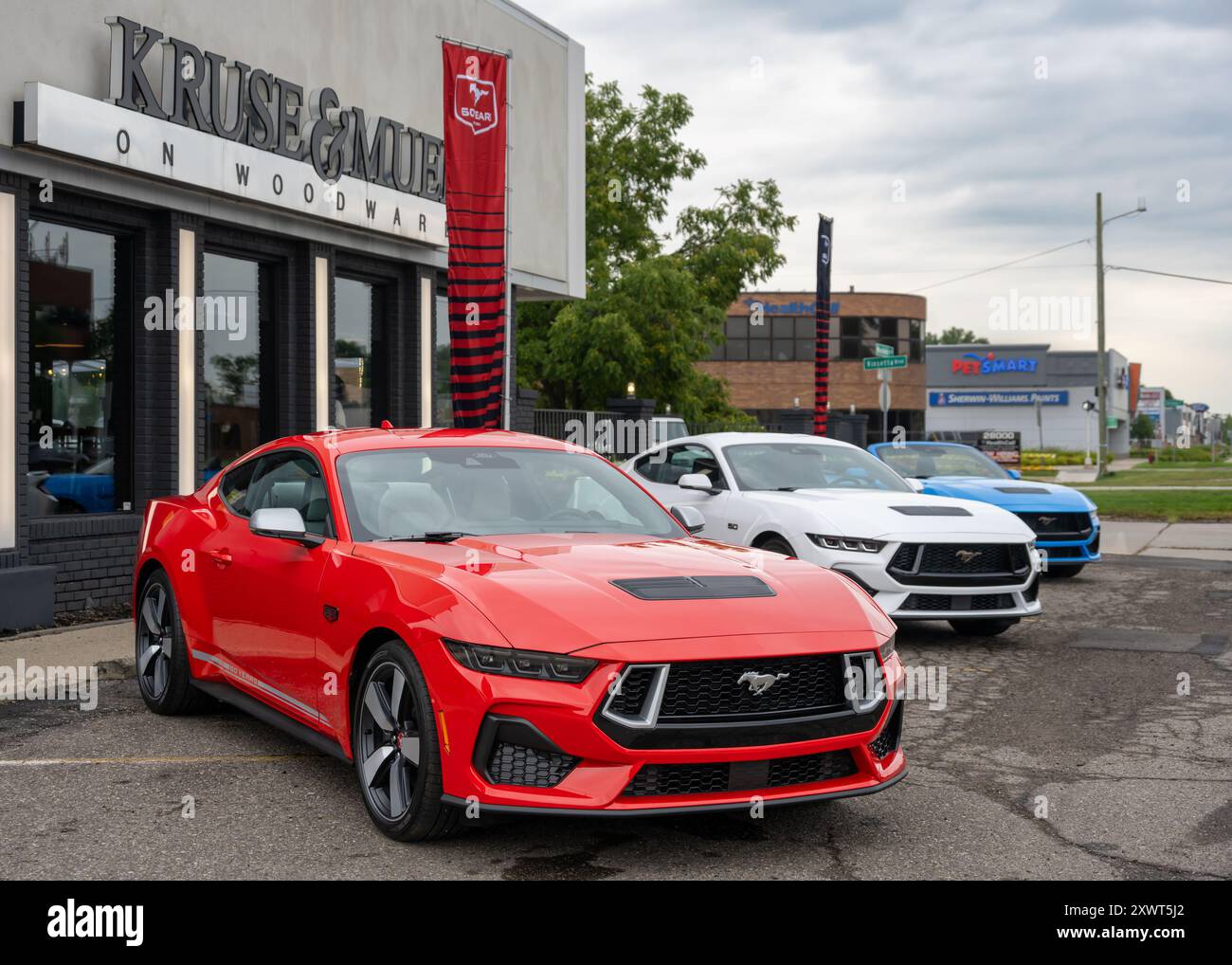 ROYAL OAK, MI/USA - AUGUST 16, 2024: Three red, white and blue Ford ...