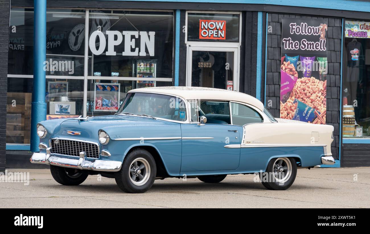 BIRMINGHAM, MI/USA - AUGUST 16, 2024: A 1955 Chevrolet Bel Air car, on ...