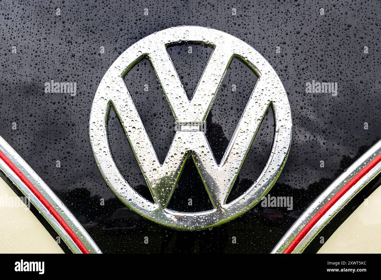 closeup vintage classic vw volkswagen chrome van bonnet badge and logo ...