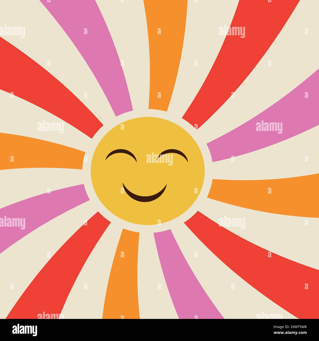 Cute Smiling sun on retro swirl sunburst vector illustration. For ...