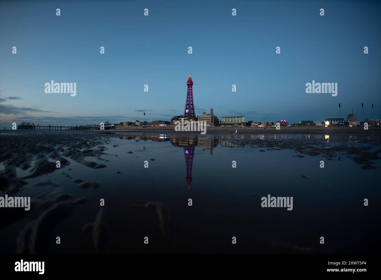 Blackpool Tower in the evening, view from Blackpool Beach, August 2024 ...