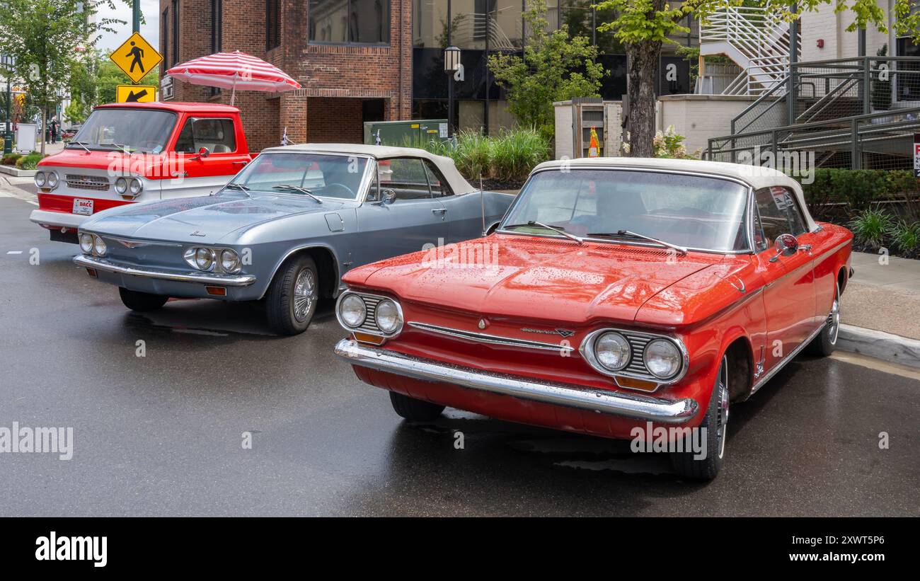 BIRMINGHAM, MI/USA - AUGUST 17, 2024: 1963 and 1965 Chevrolet Corvair ...