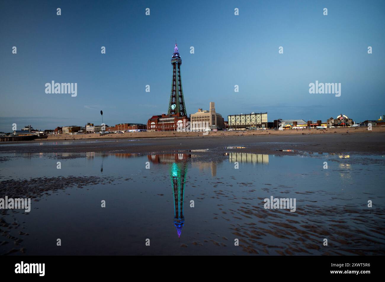 Blackpool Tower in the evening, view from Blackpool Beach, August 2024 ...