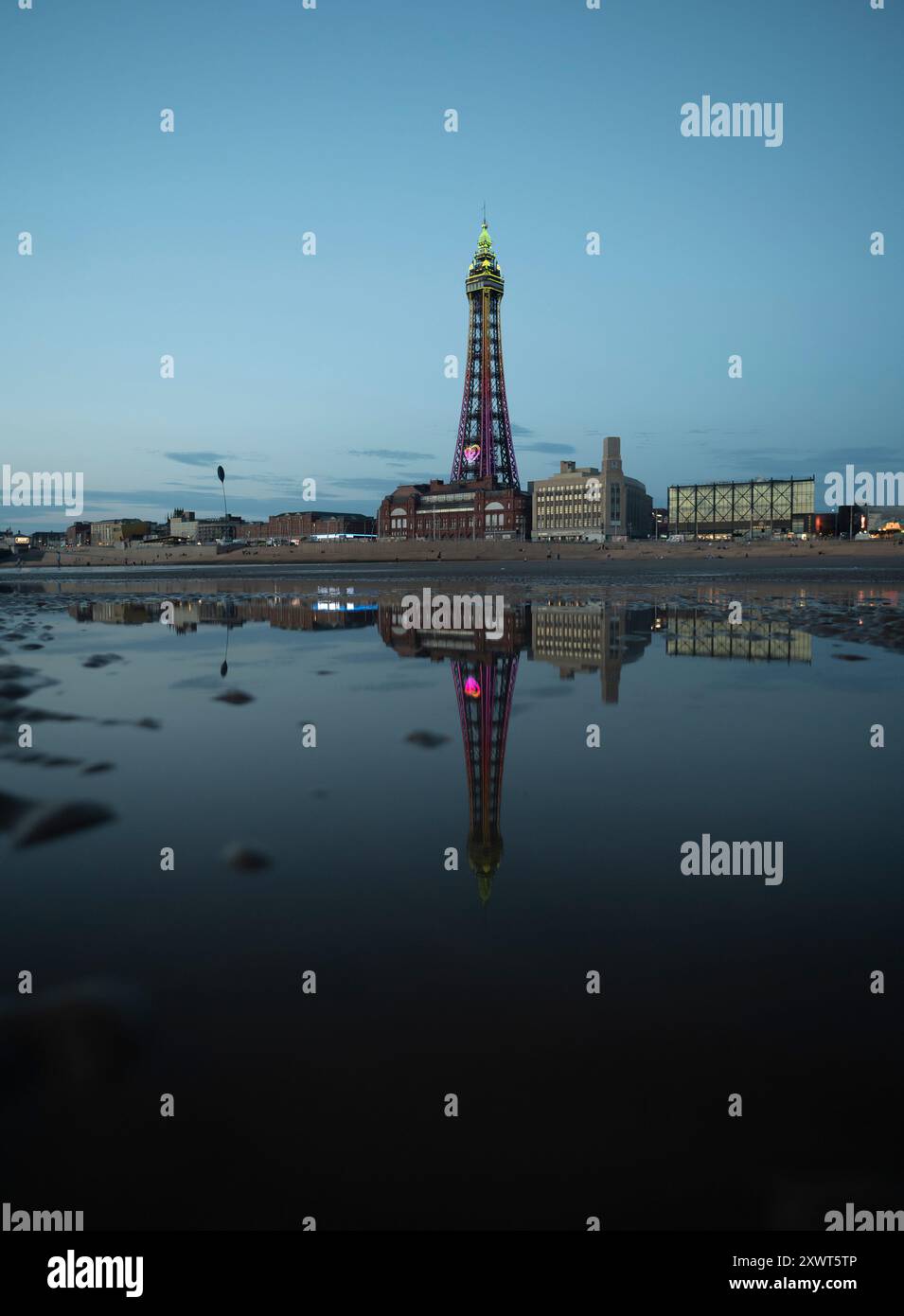Blackpool Tower in the evening, view from Blackpool Beach, August 2024 ...