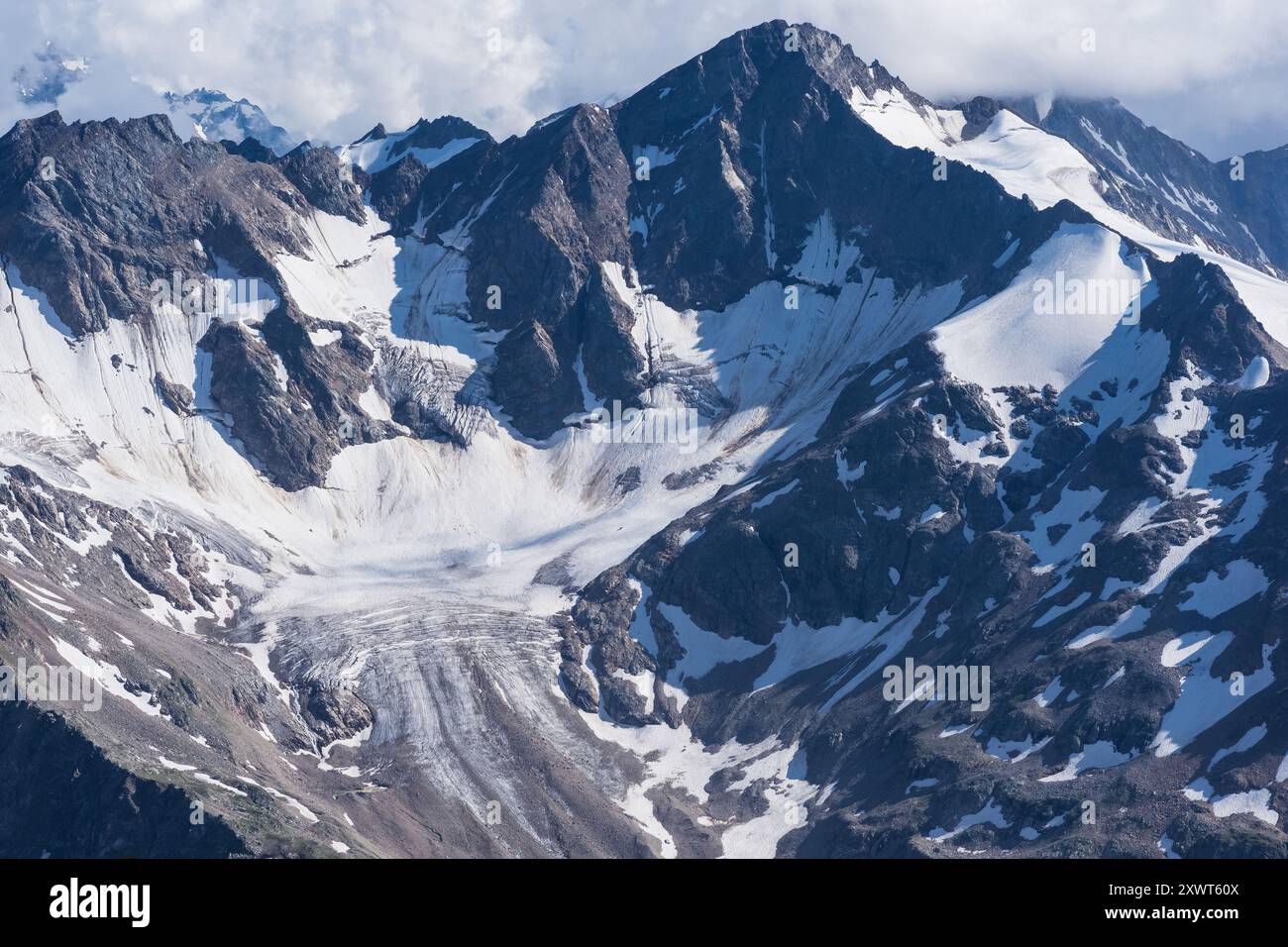 highlands landscape, massive glacier in a cirque valley of a mountain ...