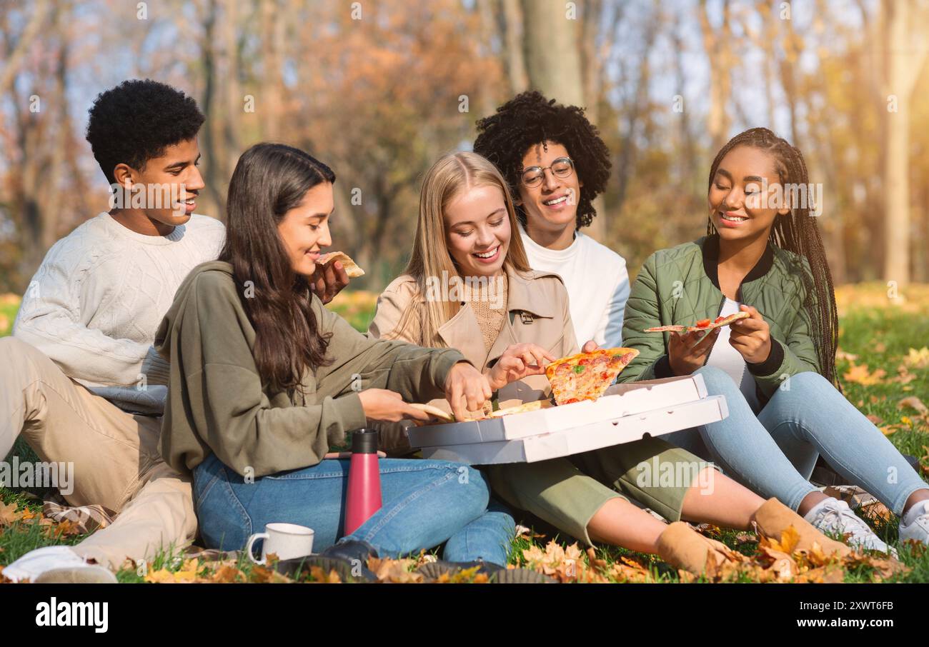 Hungry students having picnic outdoors, grabbing pizza Stock Photo - Alamy