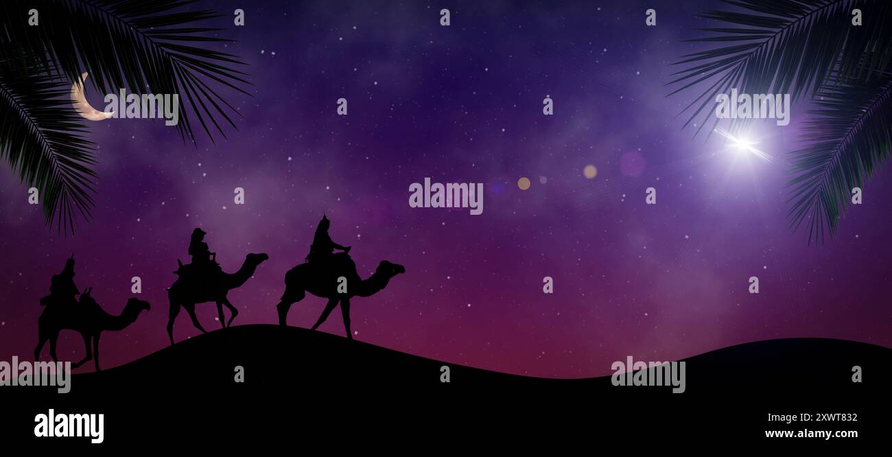 Nativity scene with the Magi in the desert, the star and the birth of ...