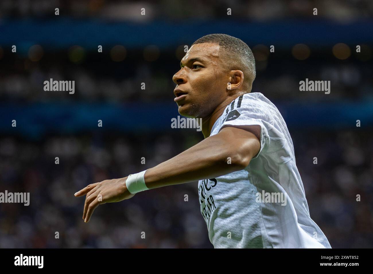 Kylian Mbappe of Real celebrates a goal during the UEFA Super Cup 2024 ...