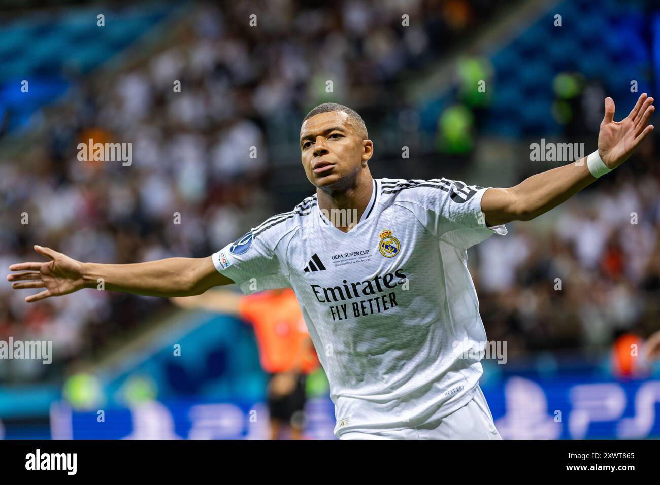 Kylian Mbappe of Real celebrates a goal during the UEFA Super Cup 2024 ...