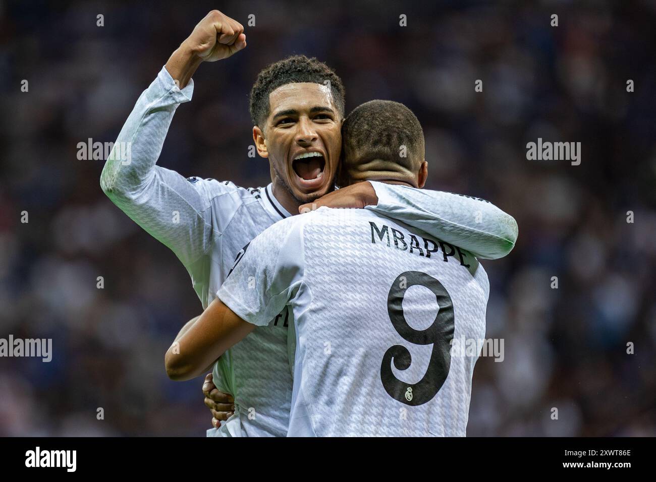 Jude Bellingham (L) and Kylian Mbappe (R) of Real celebrate a goal ...