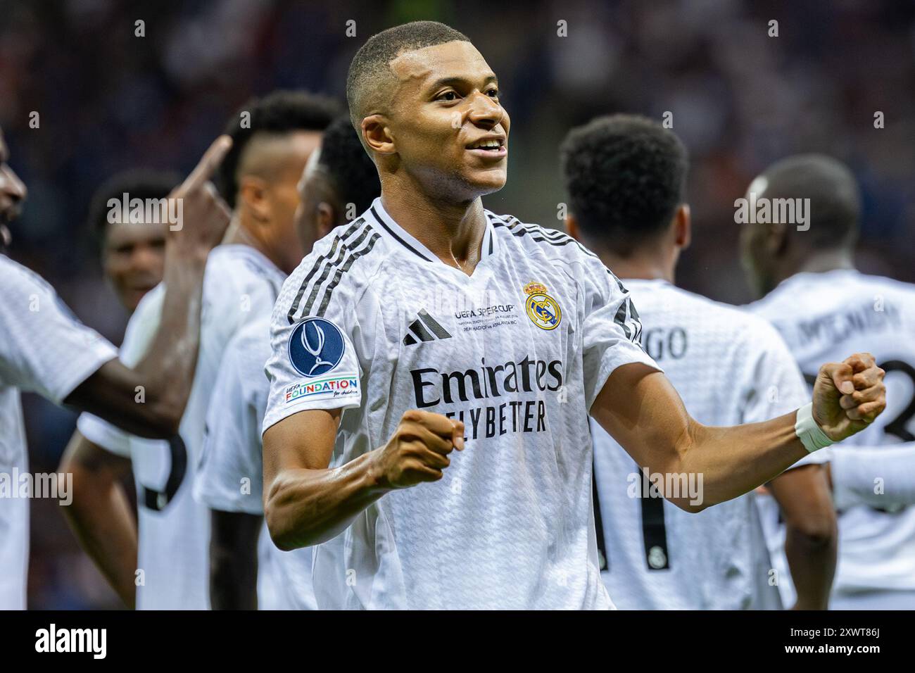 Kylian Mbappe of Real celebrates a goal during the UEFA Super Cup 2024 ...