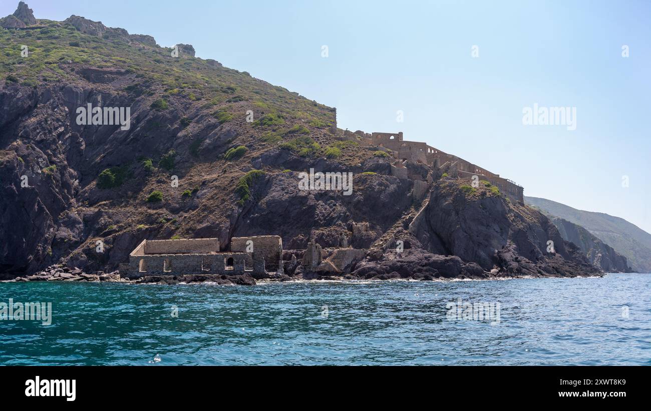 Nature landscape with remains of the buildings of the old Nebida mine ...