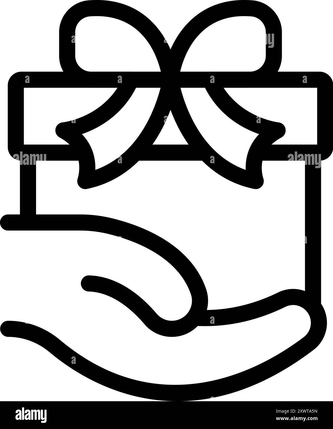 Line icon of a hand holding a gift box with a ribbon, representing the ...