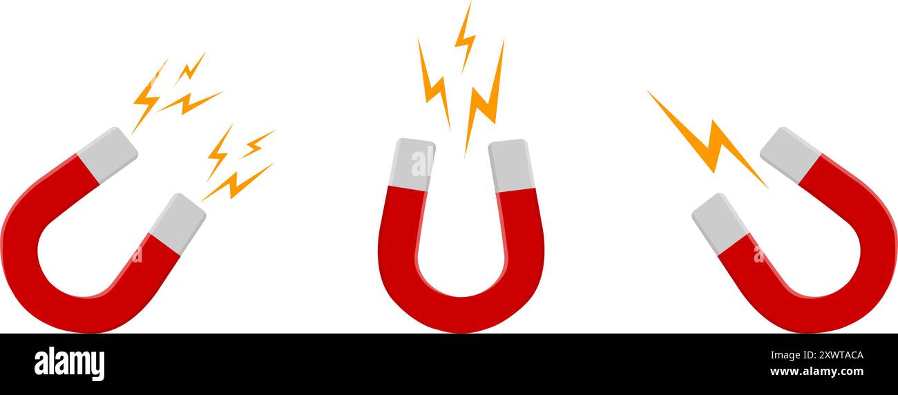 Set of red horseshoe magnets with lightning flashes isolated on white ...