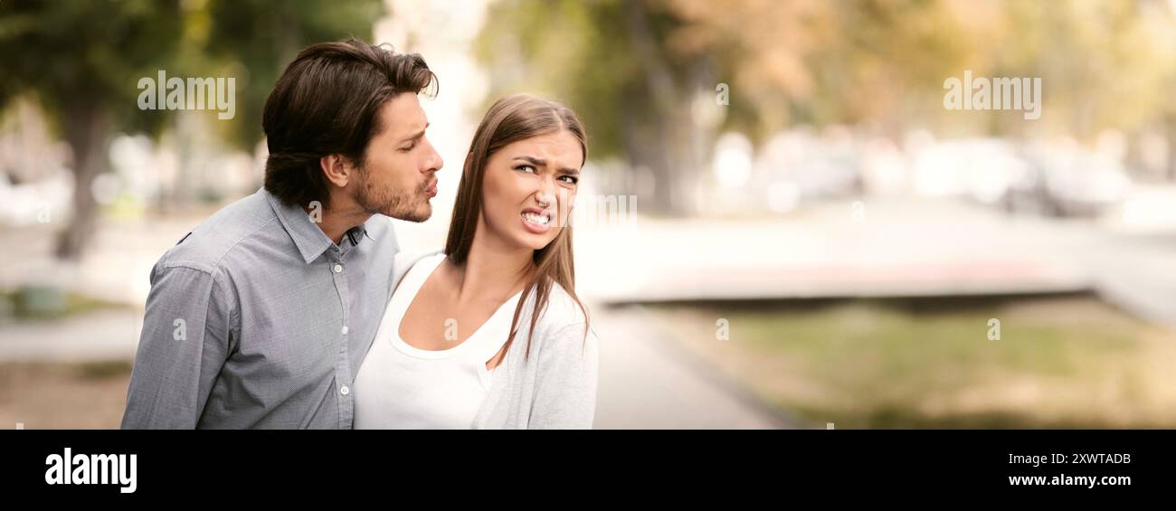 Girl Rejecting To Kiss Guy On Unsuccessful Date Walking Outside Stock ...