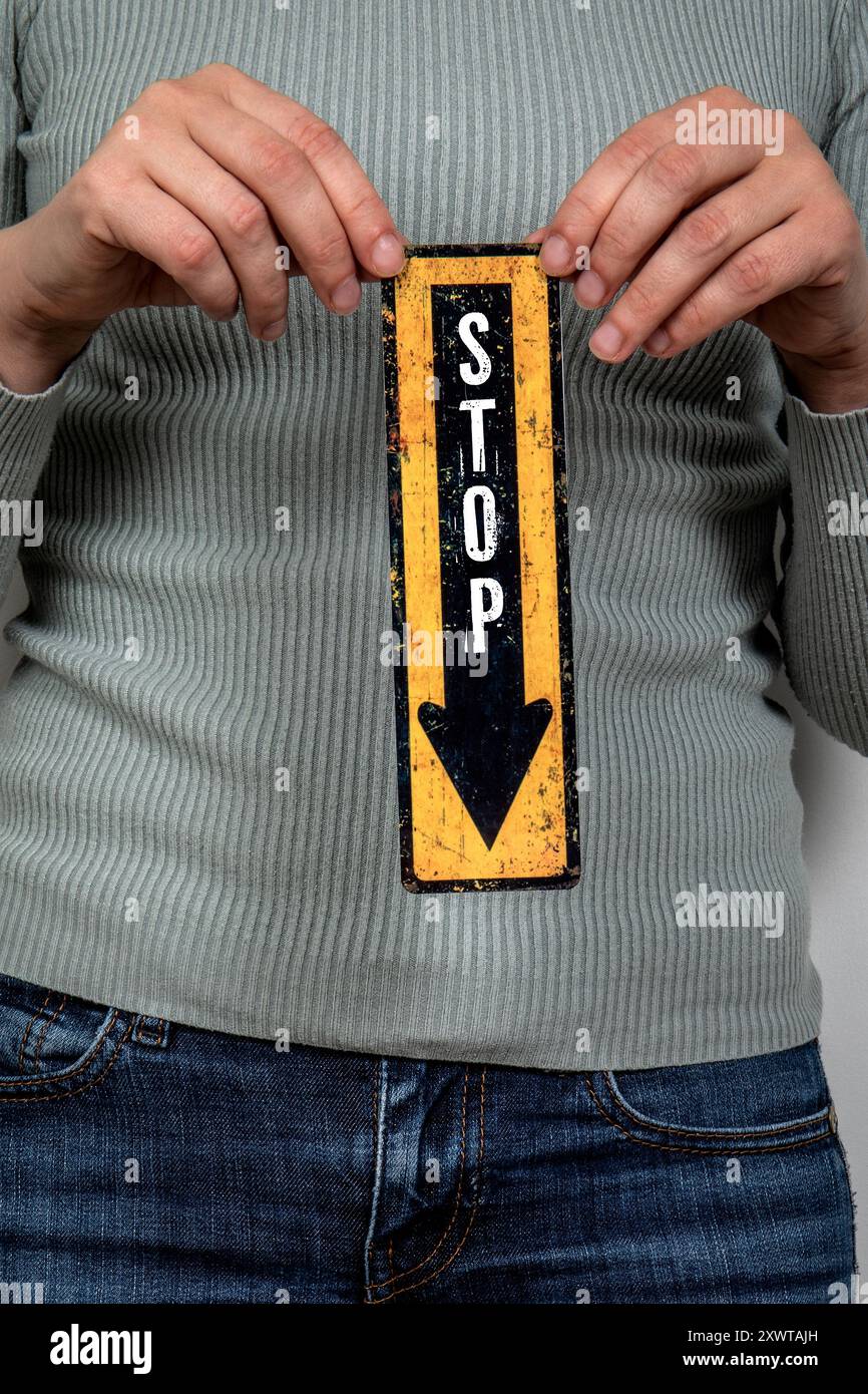 STOP. Pointing arrow with text. Women's health and wellness concept ...