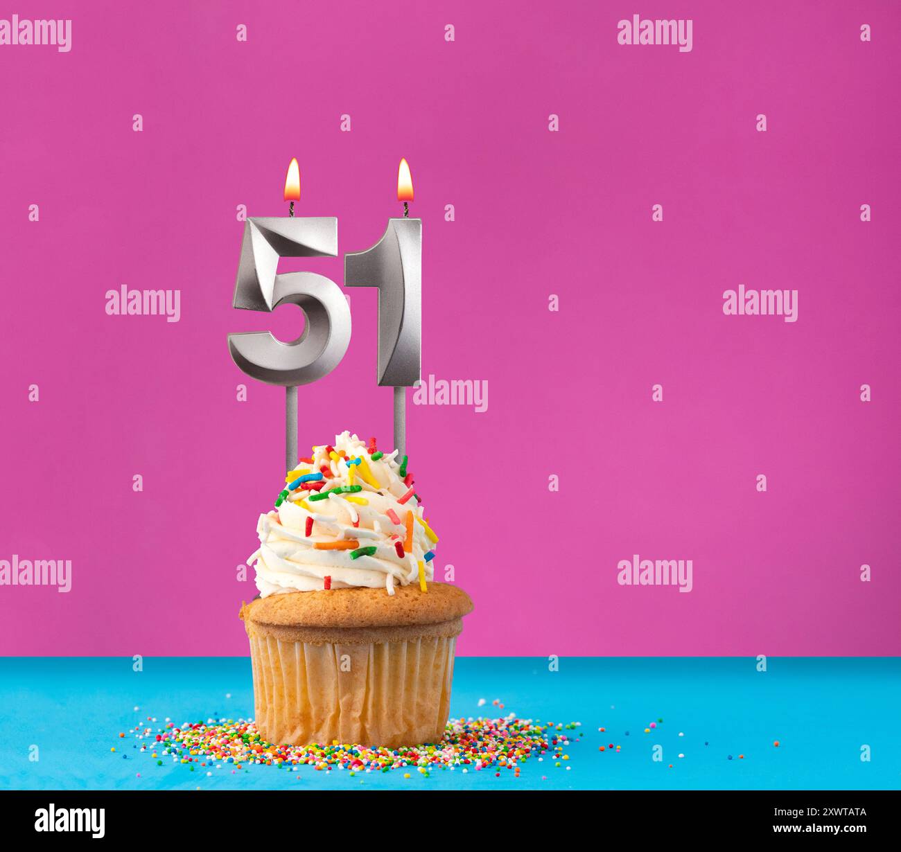 Cupcake with birthday candle number 51 - Anniversary card on blue and ...