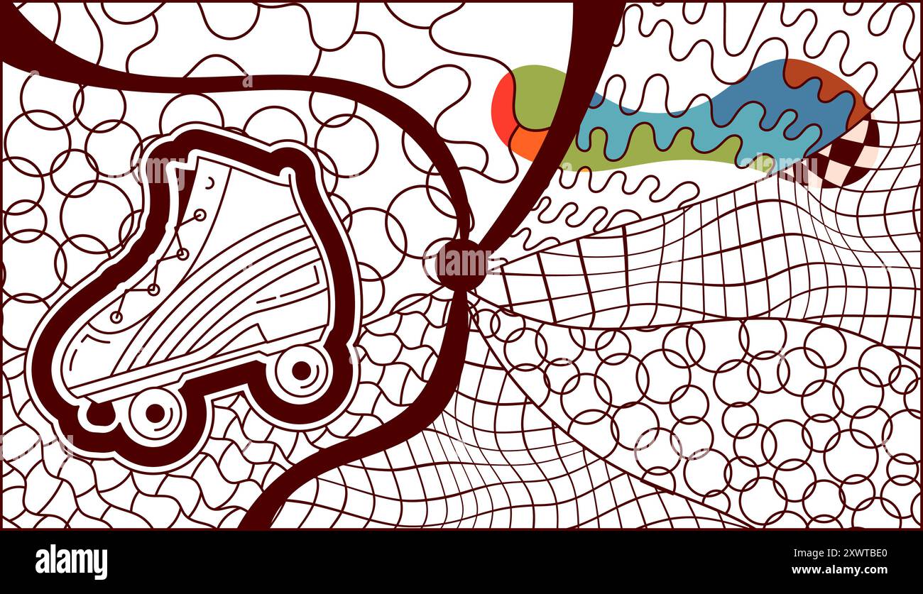 Psychedelic groovy doodle checkerboard coloring page with roller Stock ...