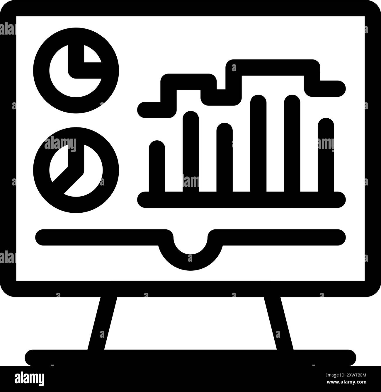 Line icon showing a computer monitor displaying various charts and graphs, representing business ...