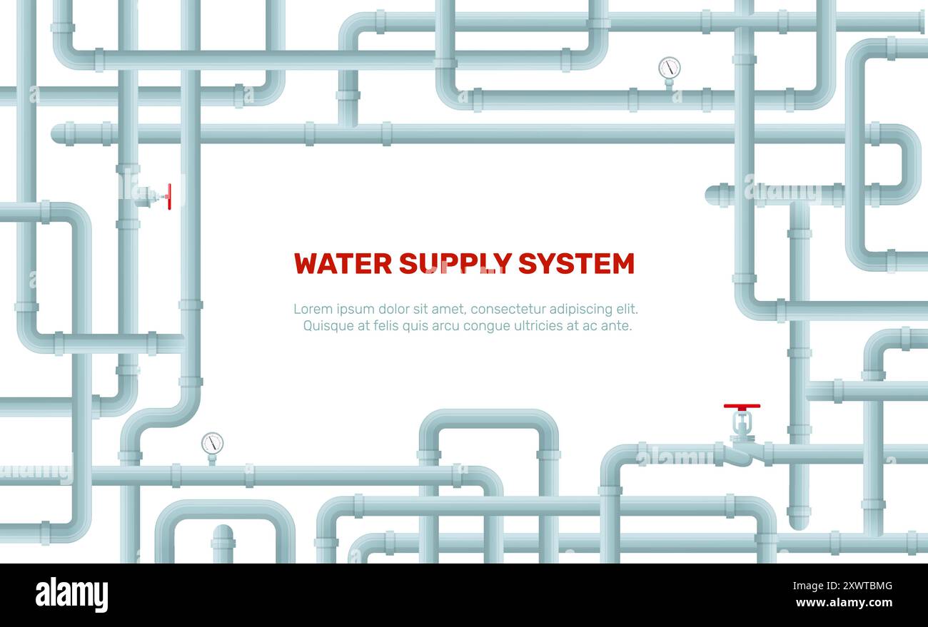 Plastic pipes frame. Water supply system. Faucet valves and pressure ...