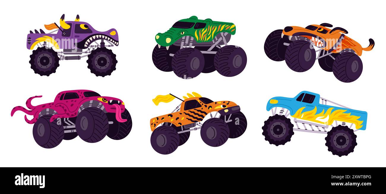 Monster trucks. Brightly colored all terrain vehicles. Entertainment ...