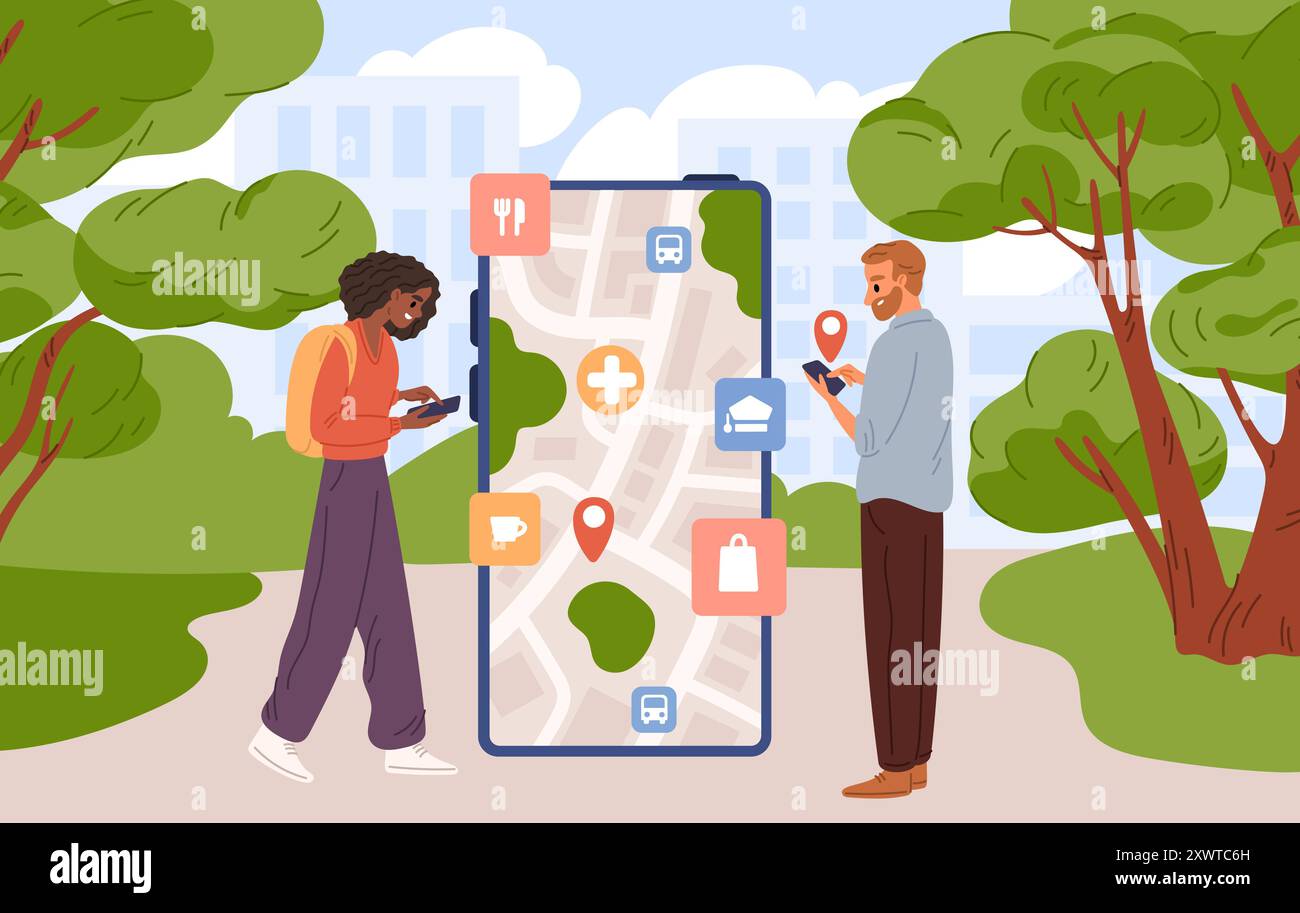 Cartoon People Use Smartphone Functions Mobile Navigator Application