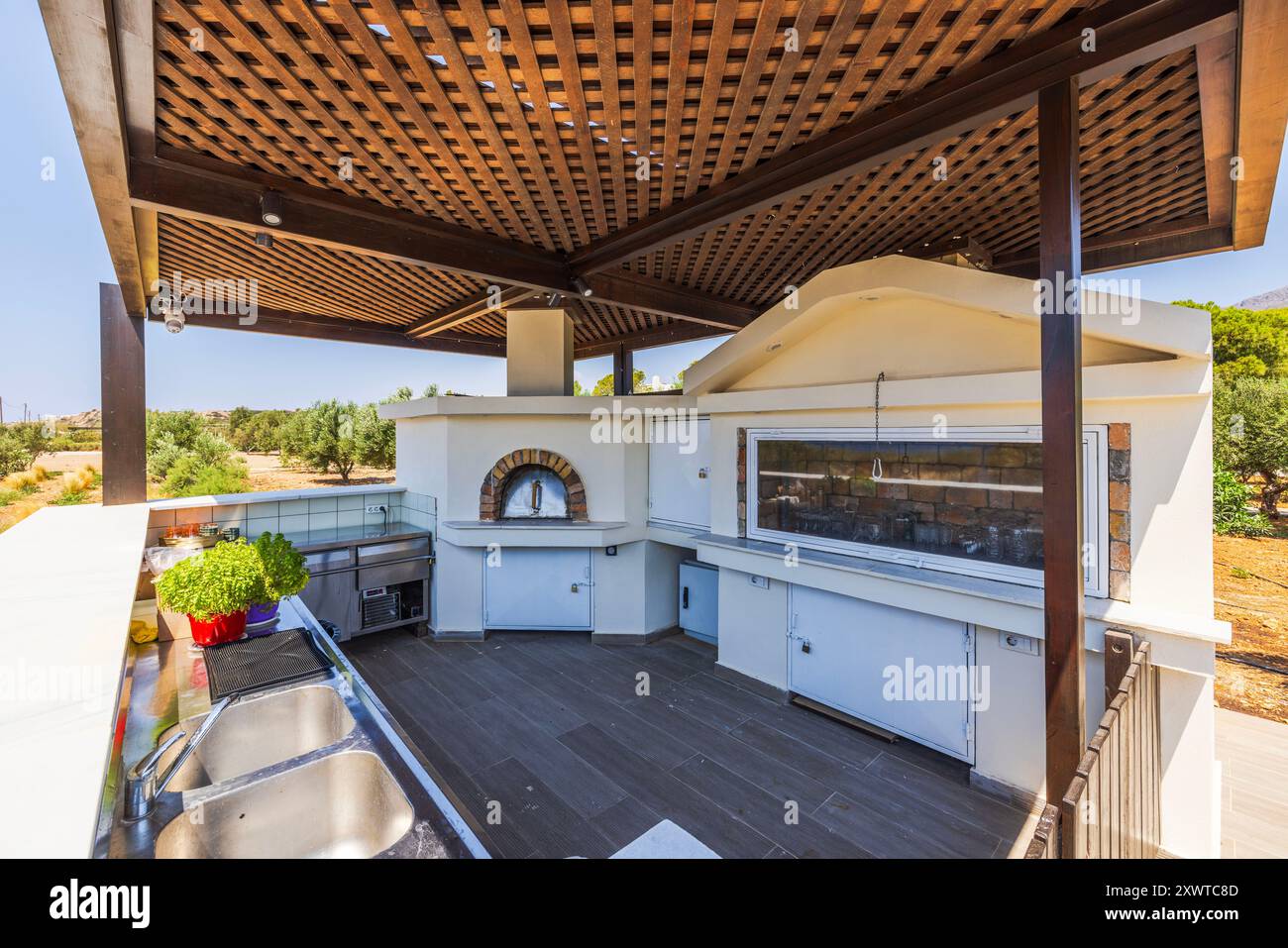 Beautiful view of hotel outdoor kitchen with wood-fired oven ...