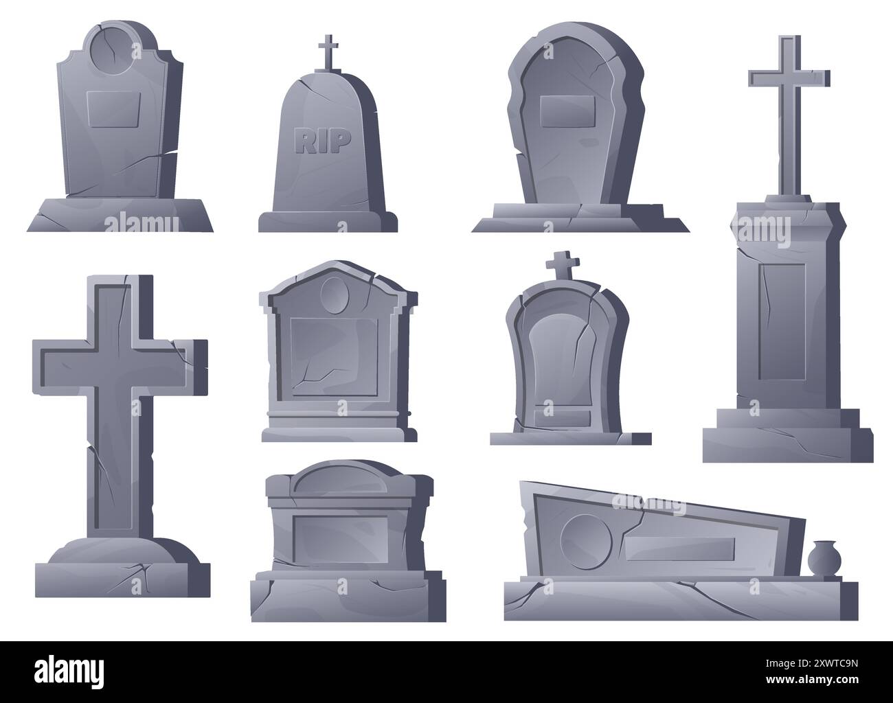 Cartoon cemetery gravestones. Medieval stone grave crosses. Halloween crypt. Old gothic ...