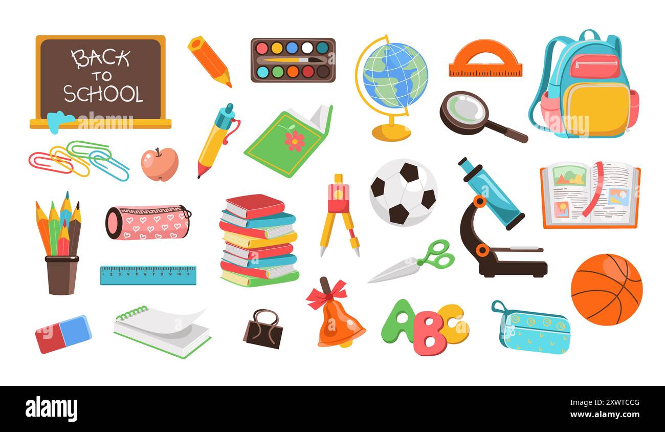 Back to school elements. Students supplies. Stationery and books. Class ...