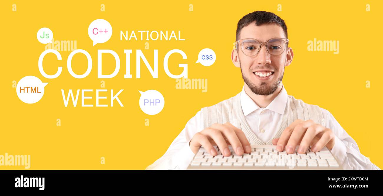 Male programmer with keyboard on yellow background. Banner for National ...